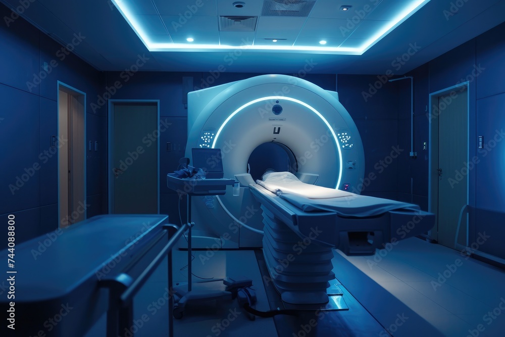 An MRI room illuminated by a vivid blue light shining from the ceiling ...