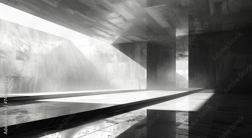 A misty fog envelops the monochromatic room, its concrete walls ...