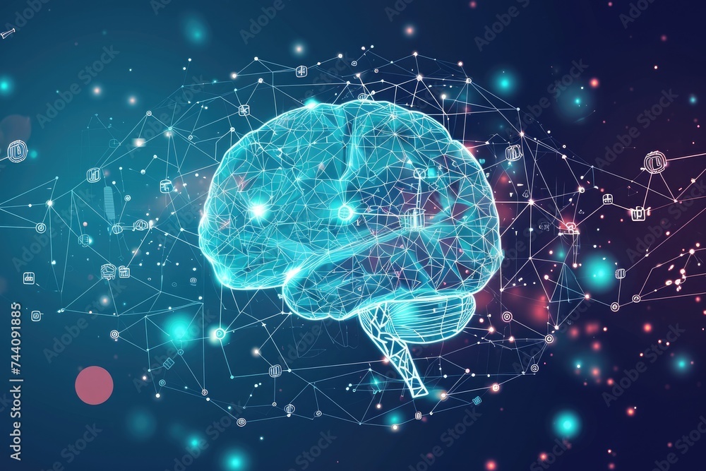 A photo of a blue brain with connected lines and dots forming a complex ...