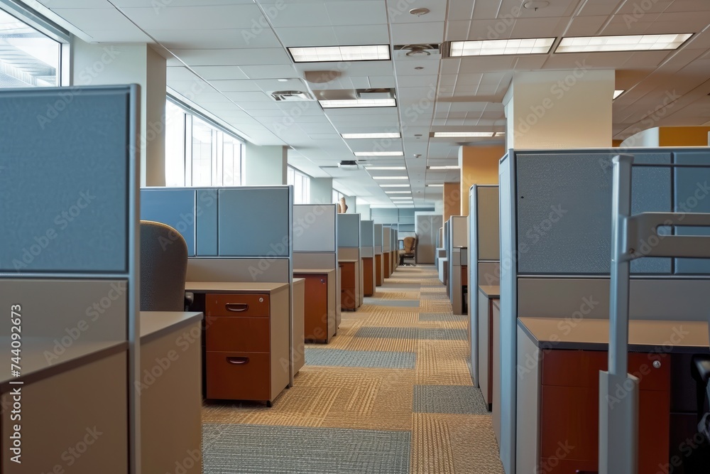 A photo depicting a lengthy arrangement of identical cubicles in an ...
