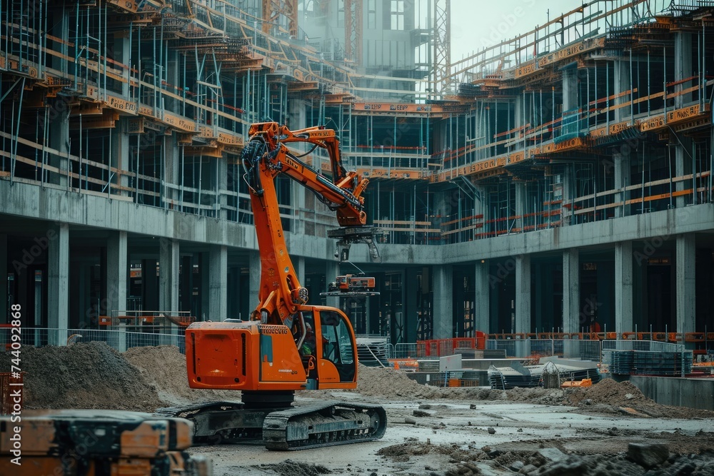 A construction site with a crane positioned in the center, overseeing ...