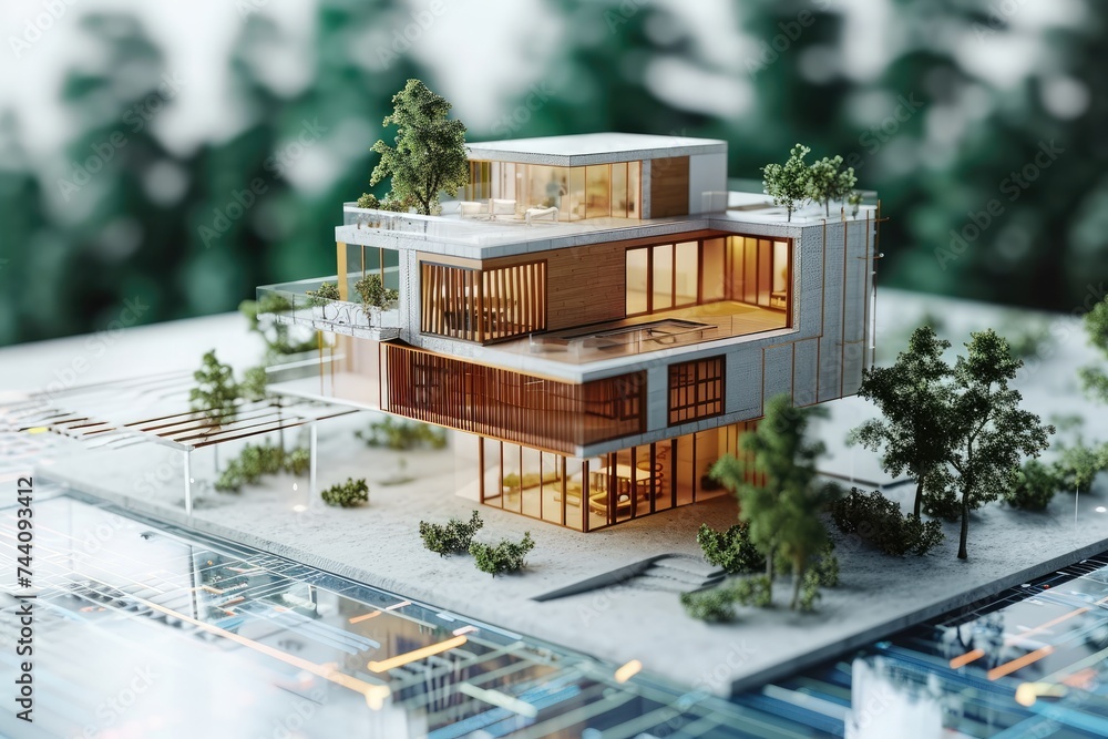 A realistic model of a building with trees growing on its rooftop ...