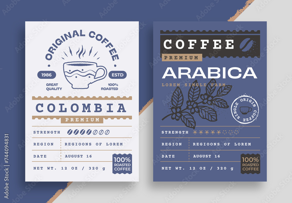 Coffee Vintage Label Layout for Package with Blue Accents Stock ...