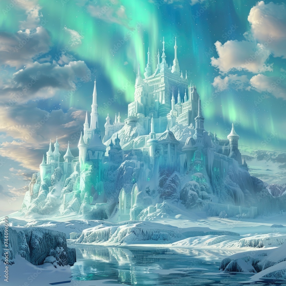 Snow covered fantasy kingdom ice castles gleaming under the aurora ...