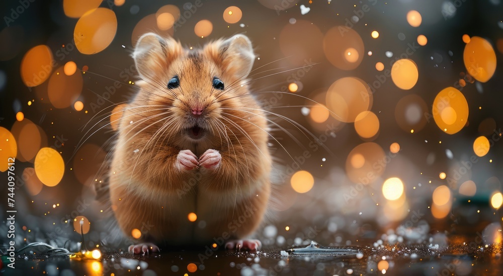 A tiny rodent, resembling a miniature rat, stands tall on its hind legs ...