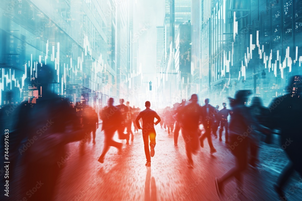 A diverse group of individuals walking along a busy city street flanked ...