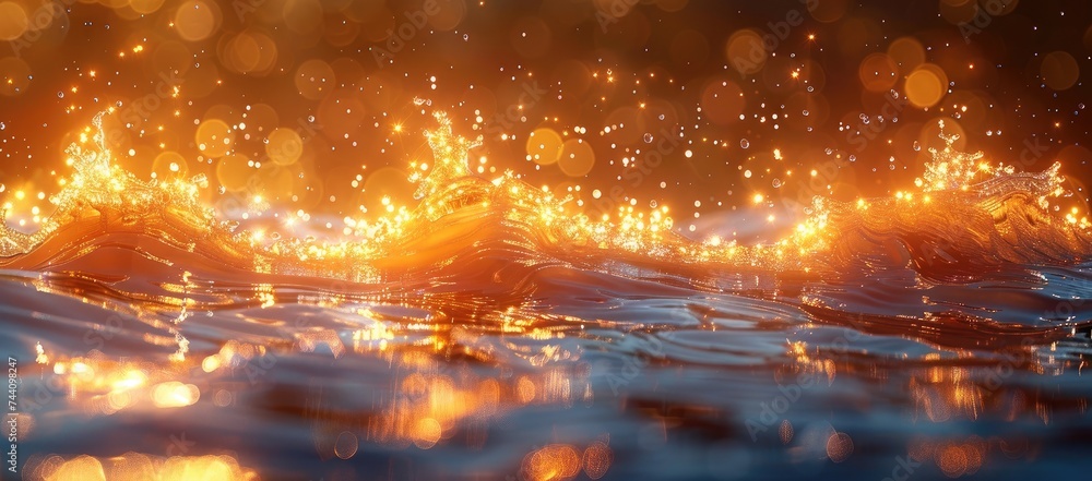 The fiery heat of the amber fireworks illuminates the dark outdoor ...