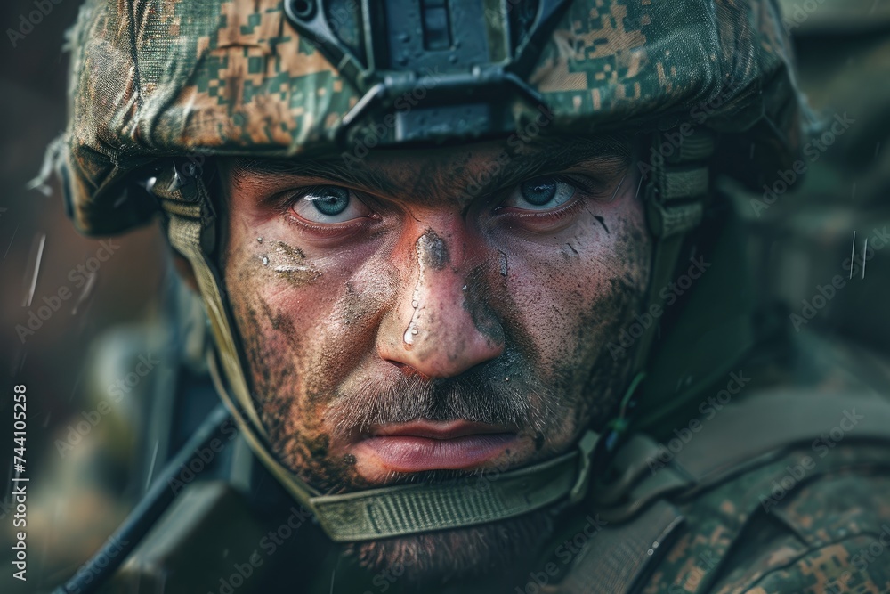 A close up shot of a soldier wearing a sturdy helmet, ready for combat ...