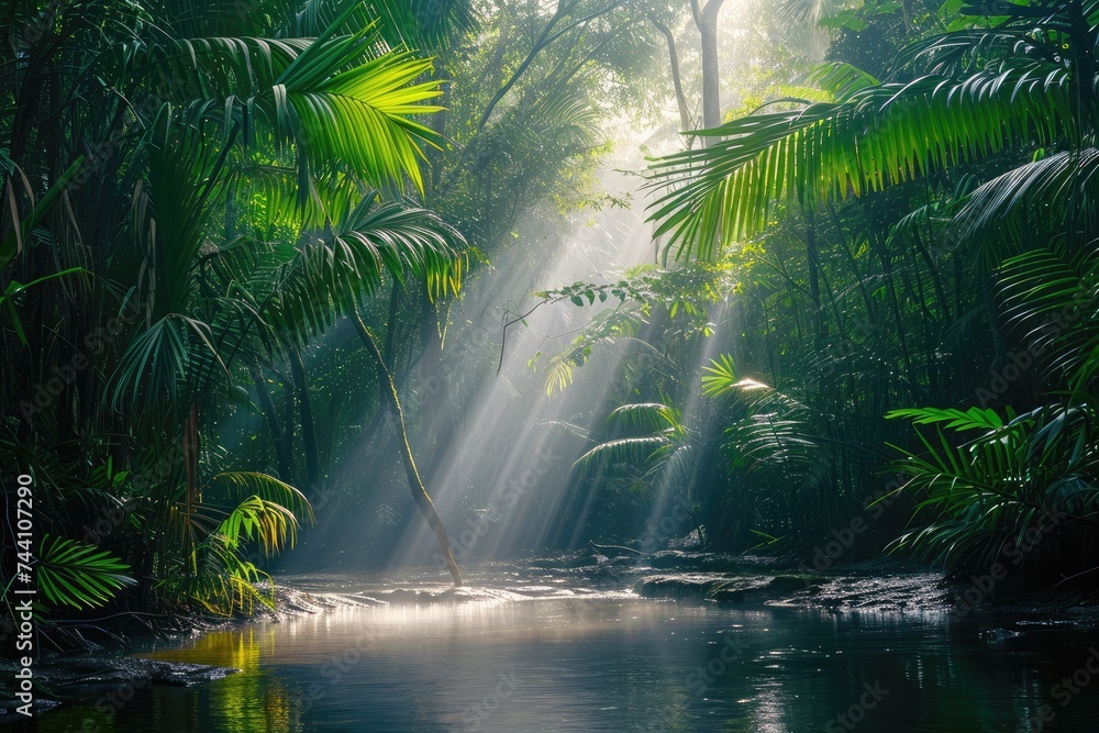 The sun shines through towering trees in the jungle, casting dappled ...