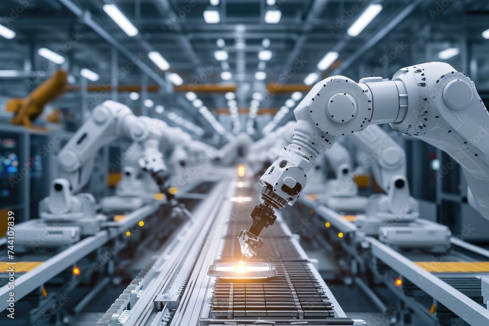 Automated robotic arms efficiently move and manipulate objects along a ... Automated robotic arms efficiently move and manipulate objects along a ...
