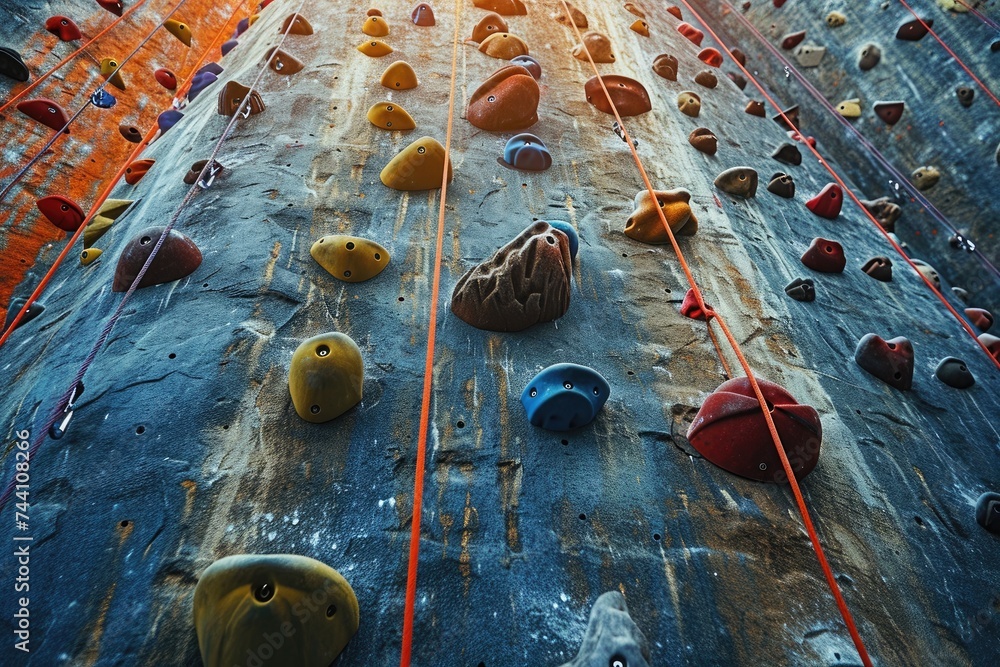 A photo showcasing a vertical climbing wall featuring a variety of ...