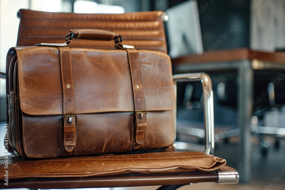 A brown leather briefcase is placed on top of a chair, ready to be used ...