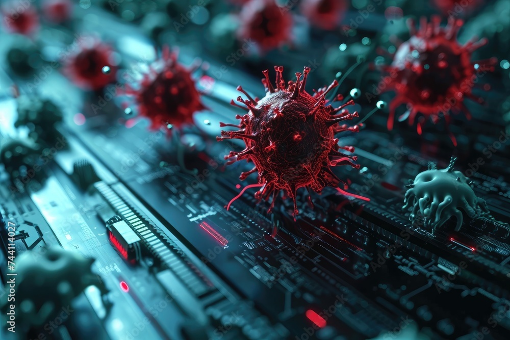 A computer motherboard is covered in red and black germs, creating a ...