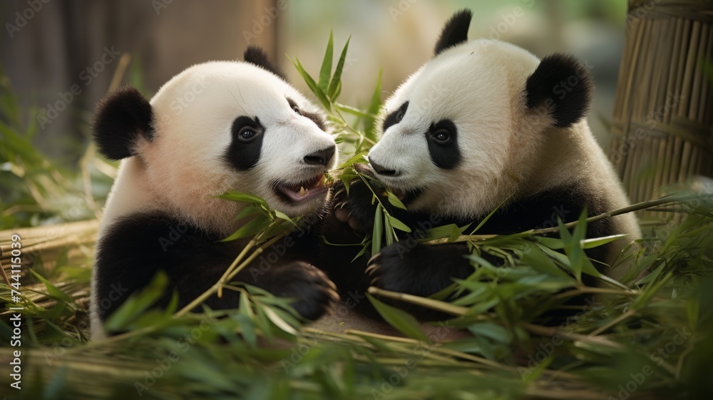 Pandas Enjoying Bamboo Meal - A heartwarming capture of two pandas ...