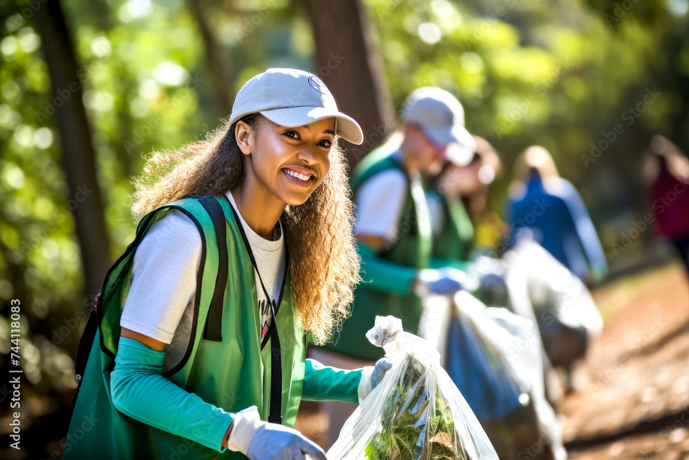 Happy smiling volunteer African American young woman employee joins a ...
