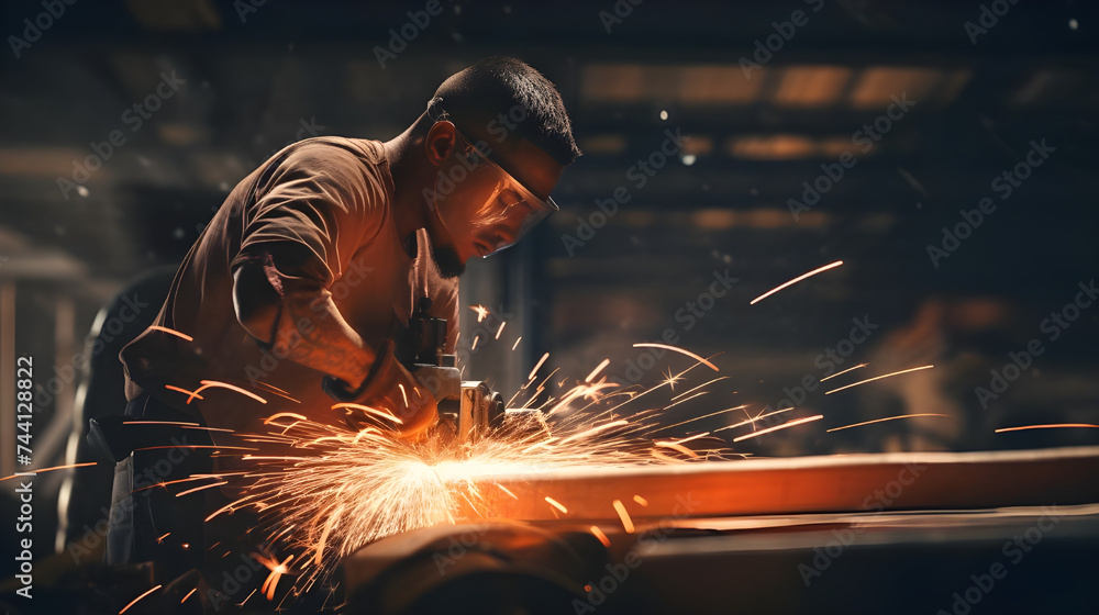 Against the backdrop of industrial machinery, a skilled worker grinds a ...
