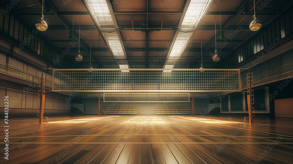 Professional Indoor Volleyball Court with Illuminated Net and Wooden ...