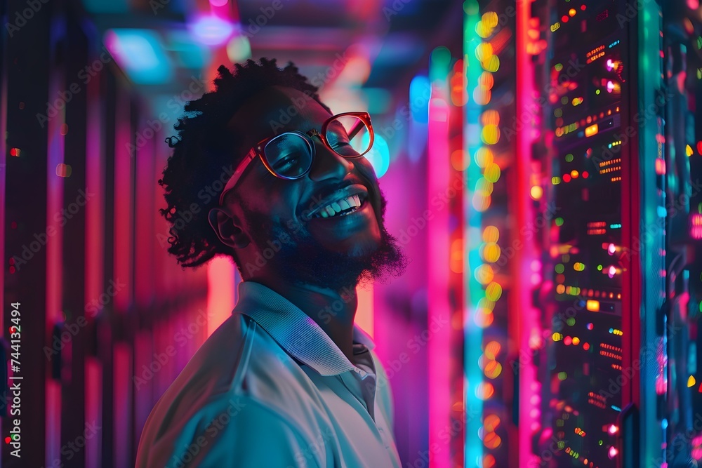 Joyful Technology Center Employee Surrounded by Data Servers, Smiling ...