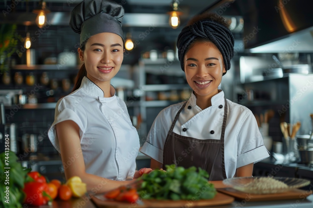 Two smiling chefs, donning their crisp uniforms, work side by side in a ...