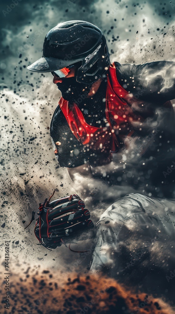 Baseball player sliding into base with a burst of dust and energy Stock ...