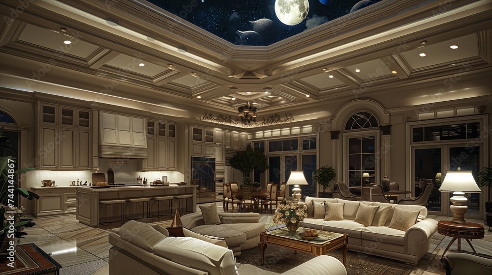 Moonlight streams through skylights in the vaulted ceiling of a lavish ...