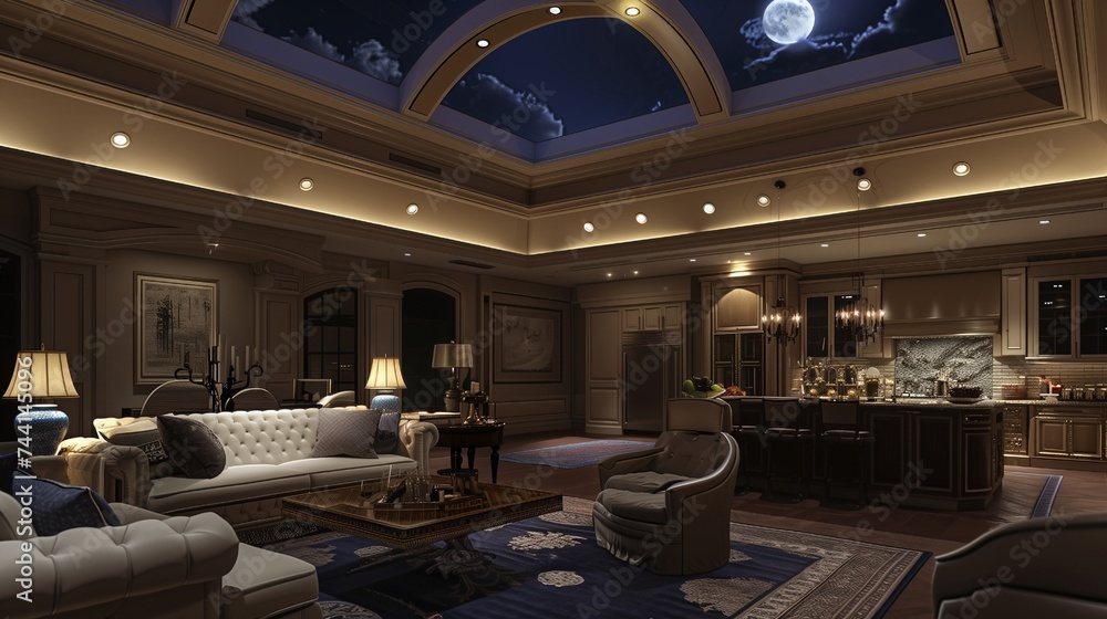 Moonlight streams through skylights in the vaulted ceiling of a lavish ...