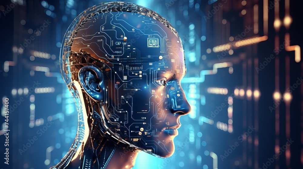 Artificial intelligence. Human head outline with circuit board inside ...