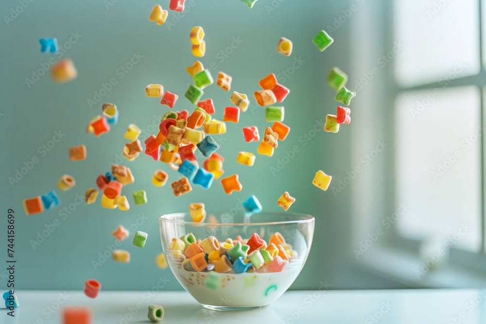 colored figures flying in to the glass milk bowl as a cereals. Falling ...