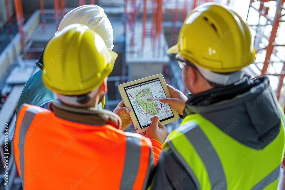 Two construction workers examining a map to plan their next steps on ...