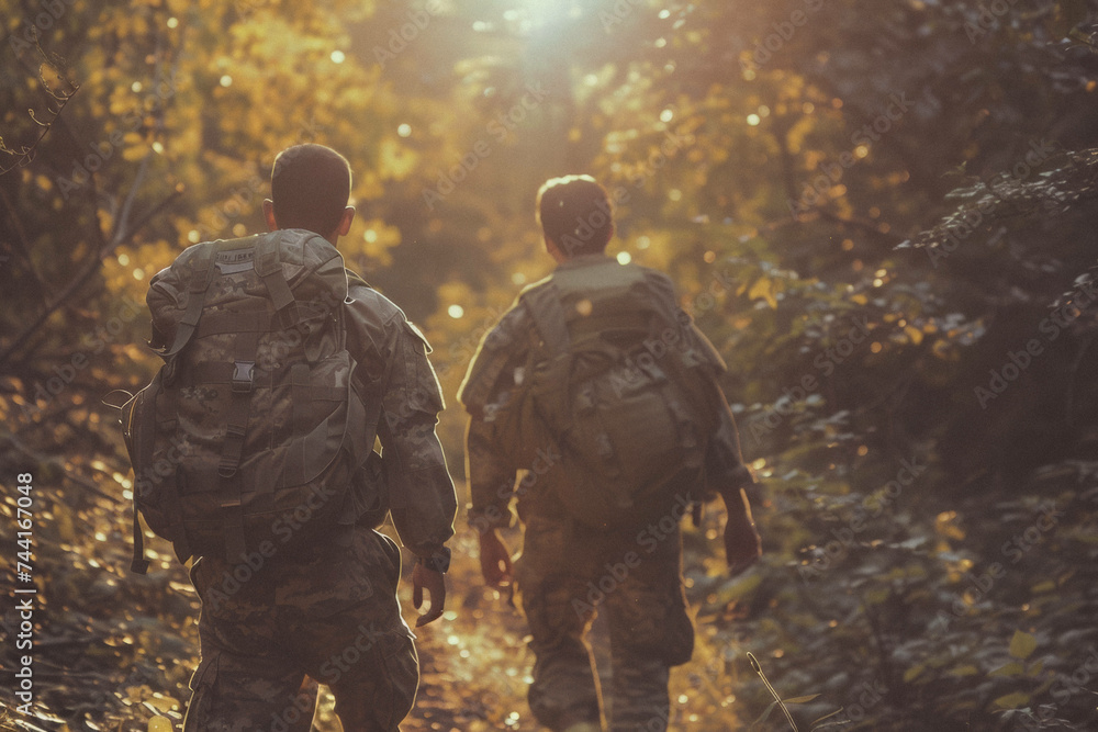A military veteran in uniform and a friend hiking a trail, the shared ...