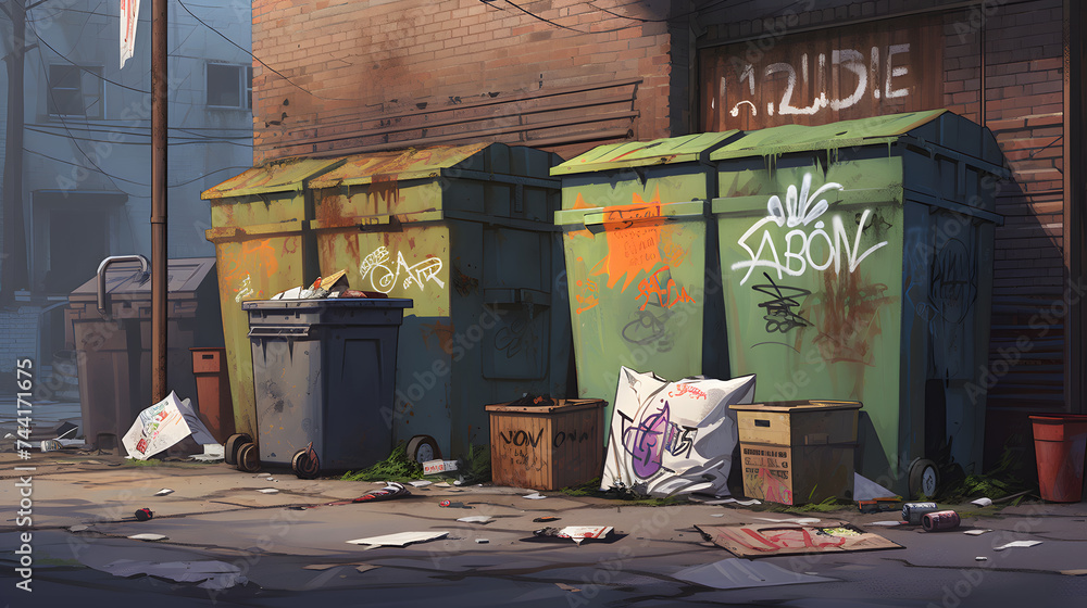 Colorful chaos surrounds a row of waste containers, as vibrant graffiti ...