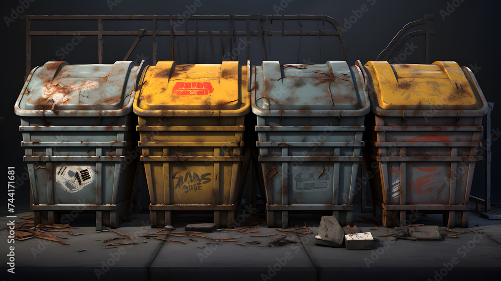 A cluster of neglected waste containers, overflowing with trash and ...