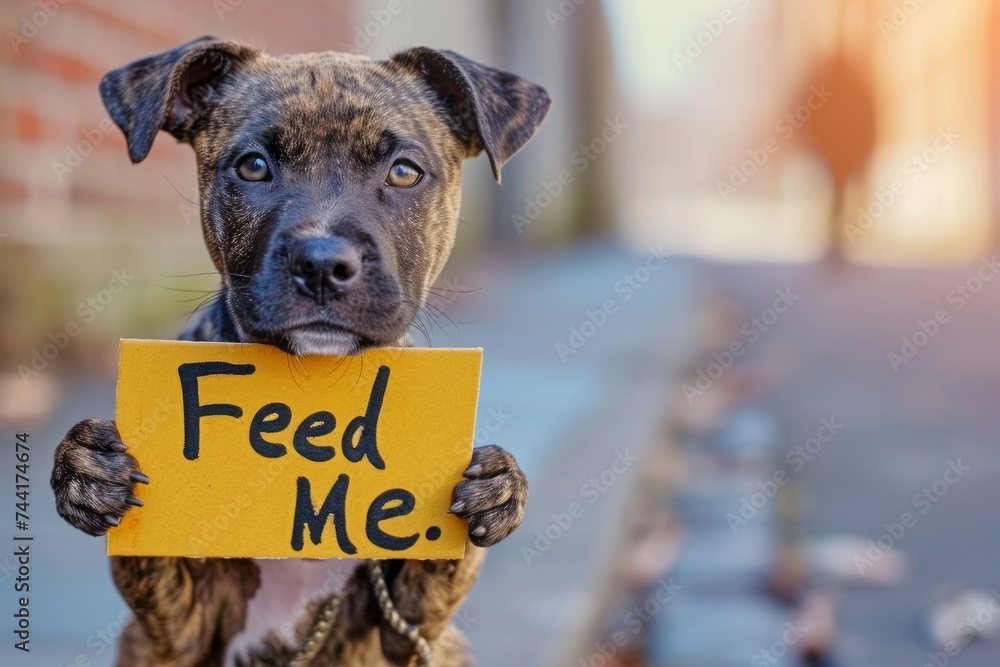 Stray cute dog with a "Feed me" sign on the street. Concept of stray ...