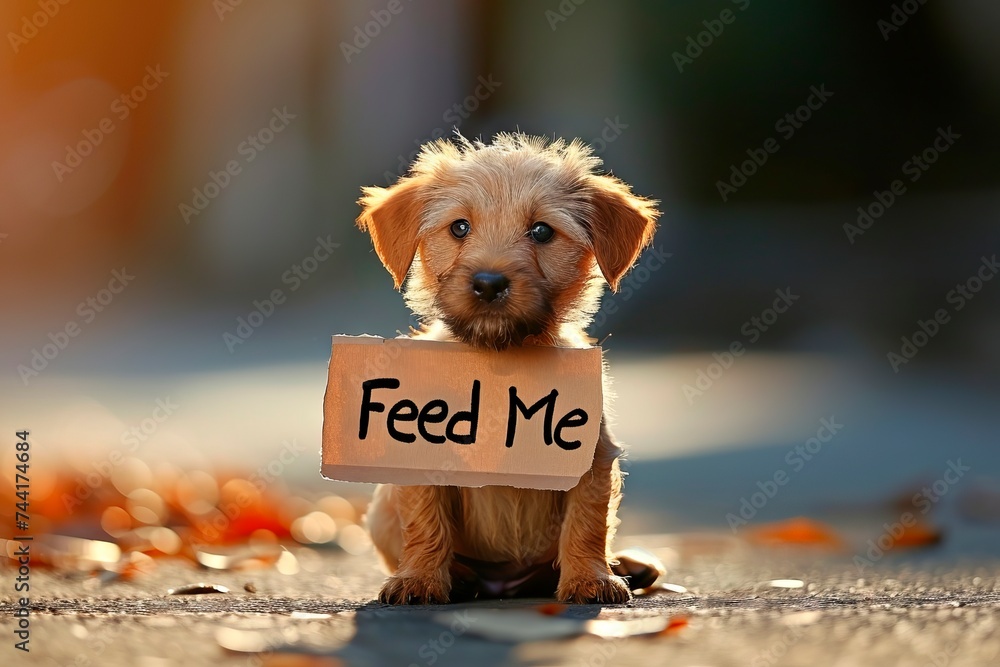 Stray puppy with a "Feed me" sign on the street. Concept of stray care ...