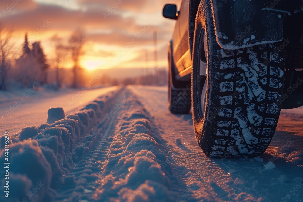 Amidst the snowy landscape, a lone car braves the treacherous road, its ...