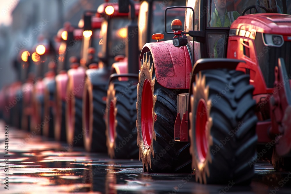 A line of crimson tractors rests on a damp pavement, their wheels ready ...