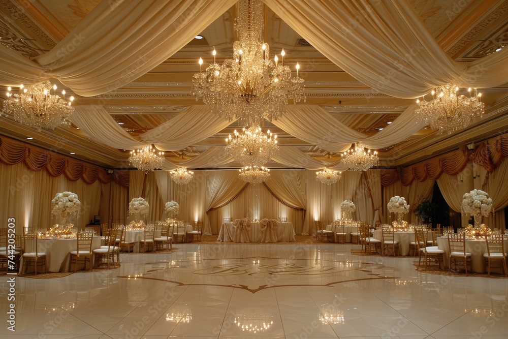 Lavish Ballroom With Chandeliers and Tables, Grand ballroom with ...