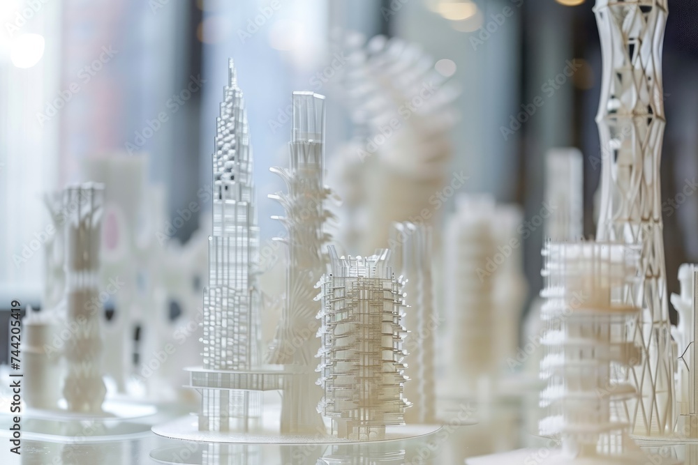 Group of White Model Buildings Sitting on Top of a Table, Graphic ...