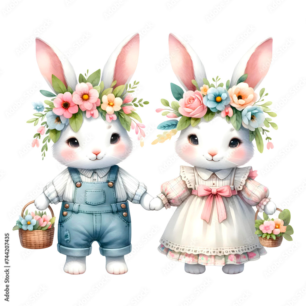 Cute Bunny Couple with Easter Flowers Illustration, Charming ...