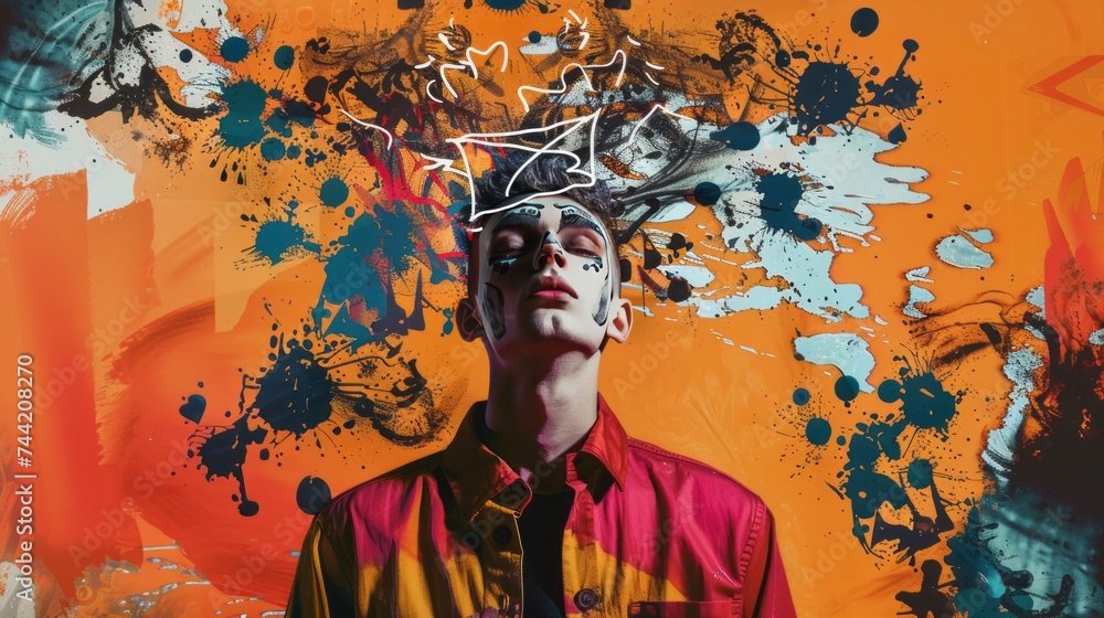 Brain wash. Young man in image of zombie with little drawn letter in ...