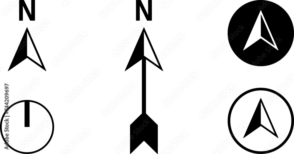Basic Black and White North Arrow Sign Symbol Icon Set for Map ...