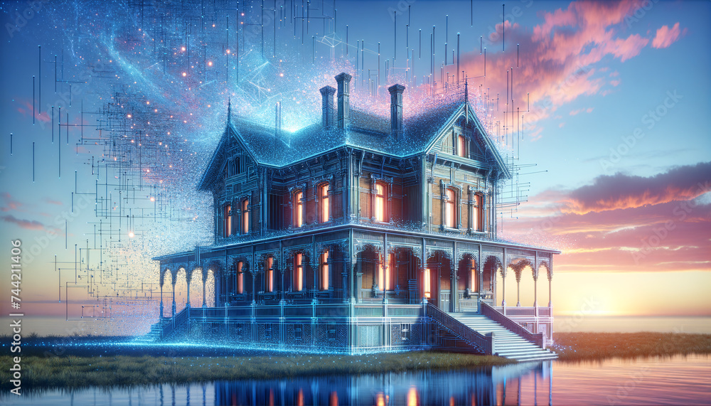 Tranquil building undergoing digital disintegration with seismic ...