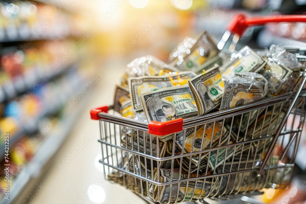 A photo of a shopping cart brimming with stacks of money, captured ...