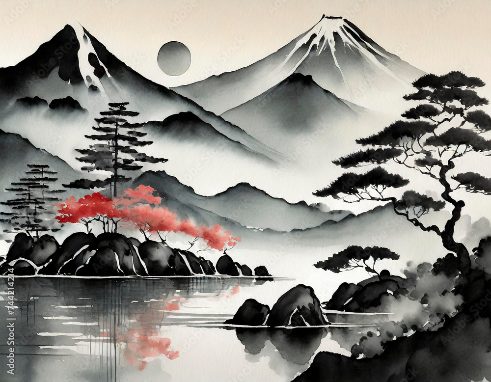 Nature painting in Japanese art style. Everything that exists in nature ...