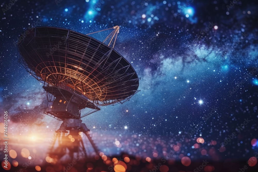 A satellite dish sits on a tripod, ready to receive and transmit ...