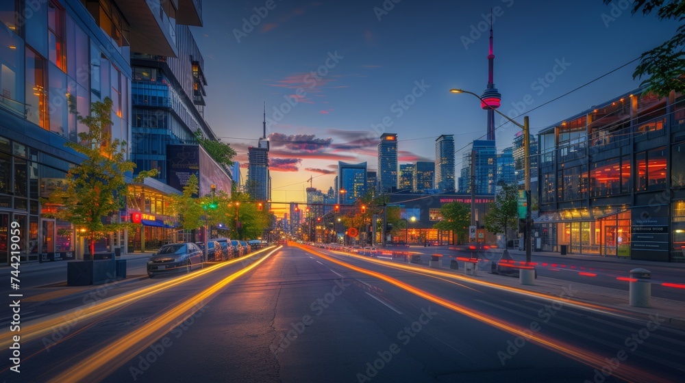 An urban thoroughfare in the heart of downtown, lined with street ...