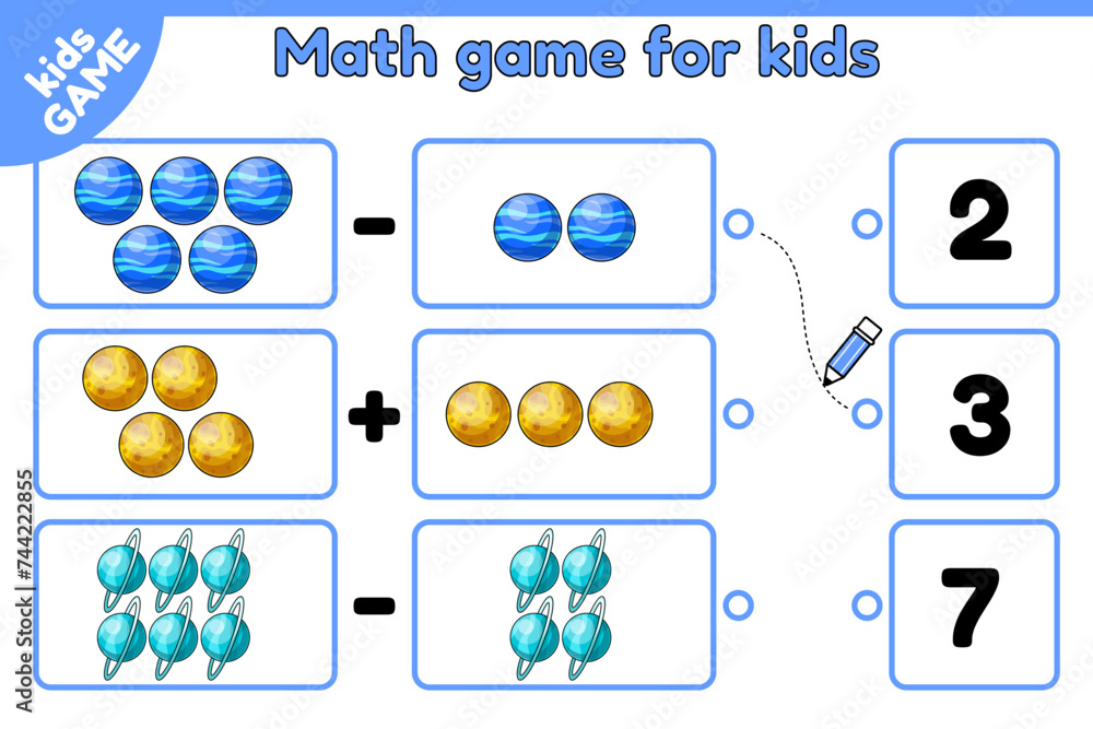 Educational space kids math game. Count cartoon planets and choose the ...