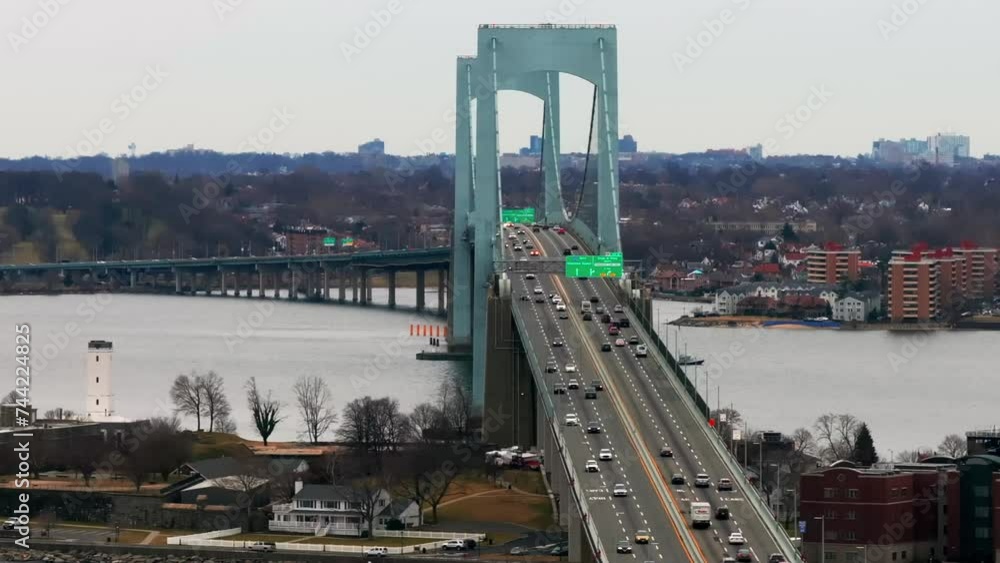An aerial view of the Throgs Neck Bridge from over the Long Island ...
