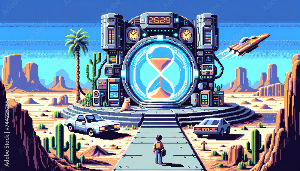 Retro pixel art: Time traveler stepping through a portal into different ...