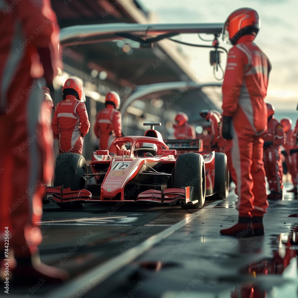 Professional pit crew ready for action as their team's race car arrives in the pit lane during a ...